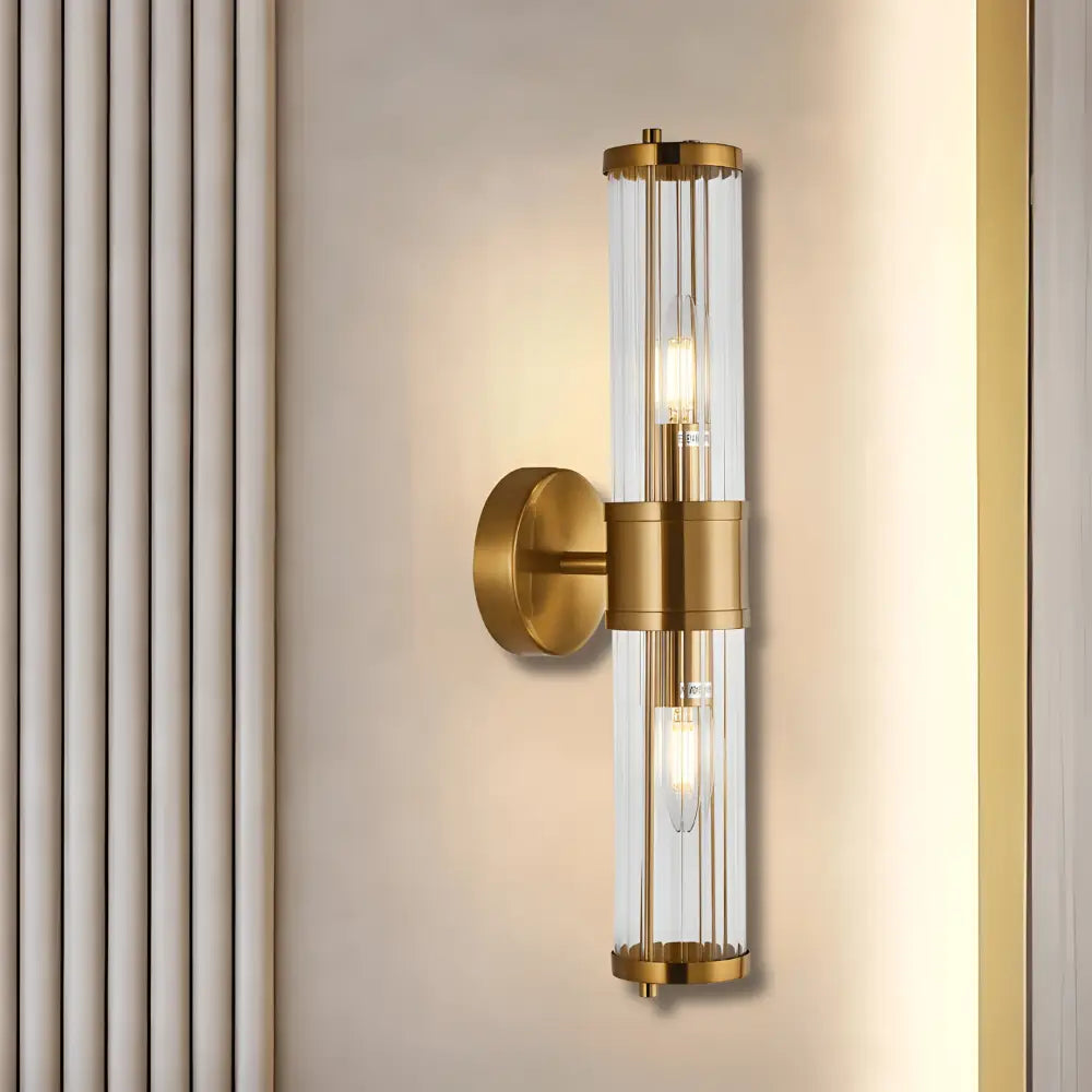 Räfflad Brass 2 Light Ribbed Glass Wall Light Green